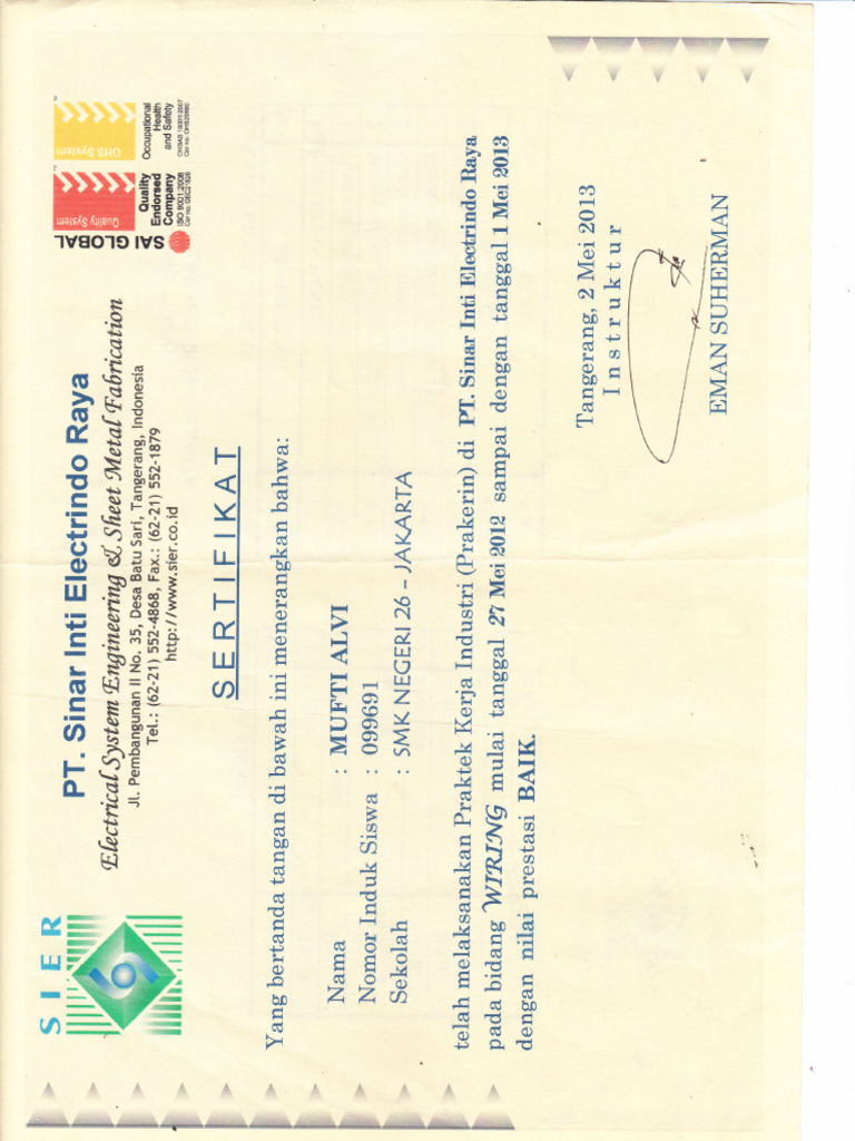 Sertifikat Prakerin 1 | PDF