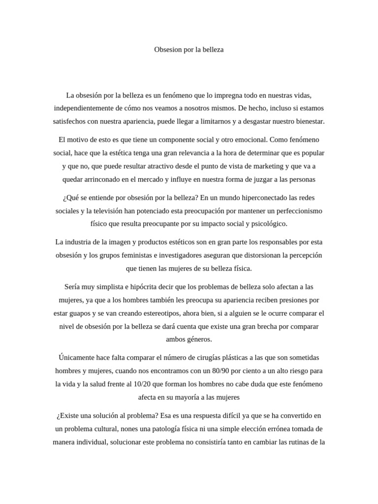 La obsesión por la belleza y sus efectos | PDF | Belleza | Psicología ...