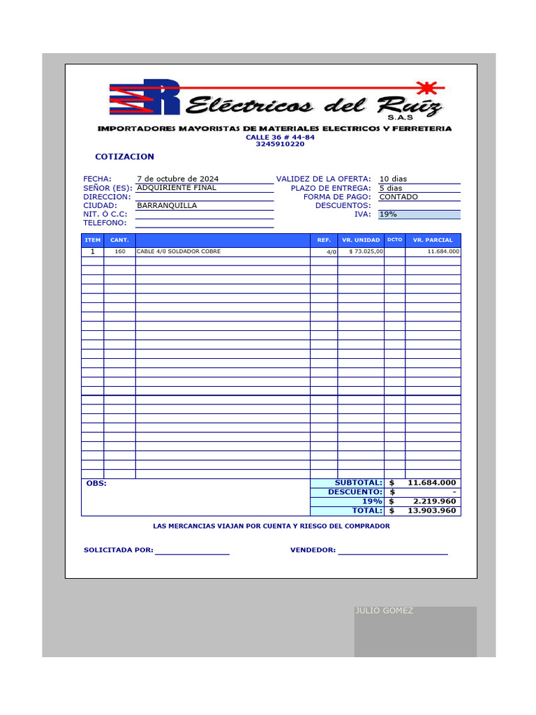 Cotización de Cable 4/0 en Barranquilla | PDF