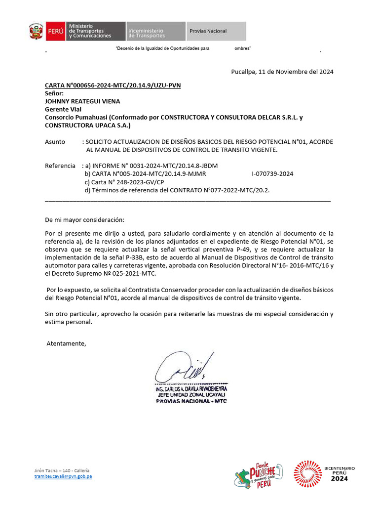 Carta N°000656-2024-Solicito Actualizacion de Diseños Basicos Del Riesgo Potencial N°01.ok | PDF ...