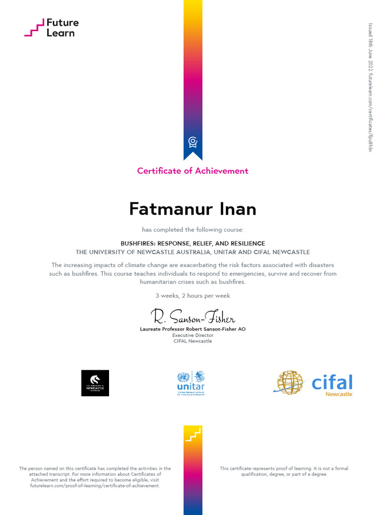 Bushfires Certificate of Achievement Fpu8hbv | PDF | Psychological Resilience | Humanitarian Crisis