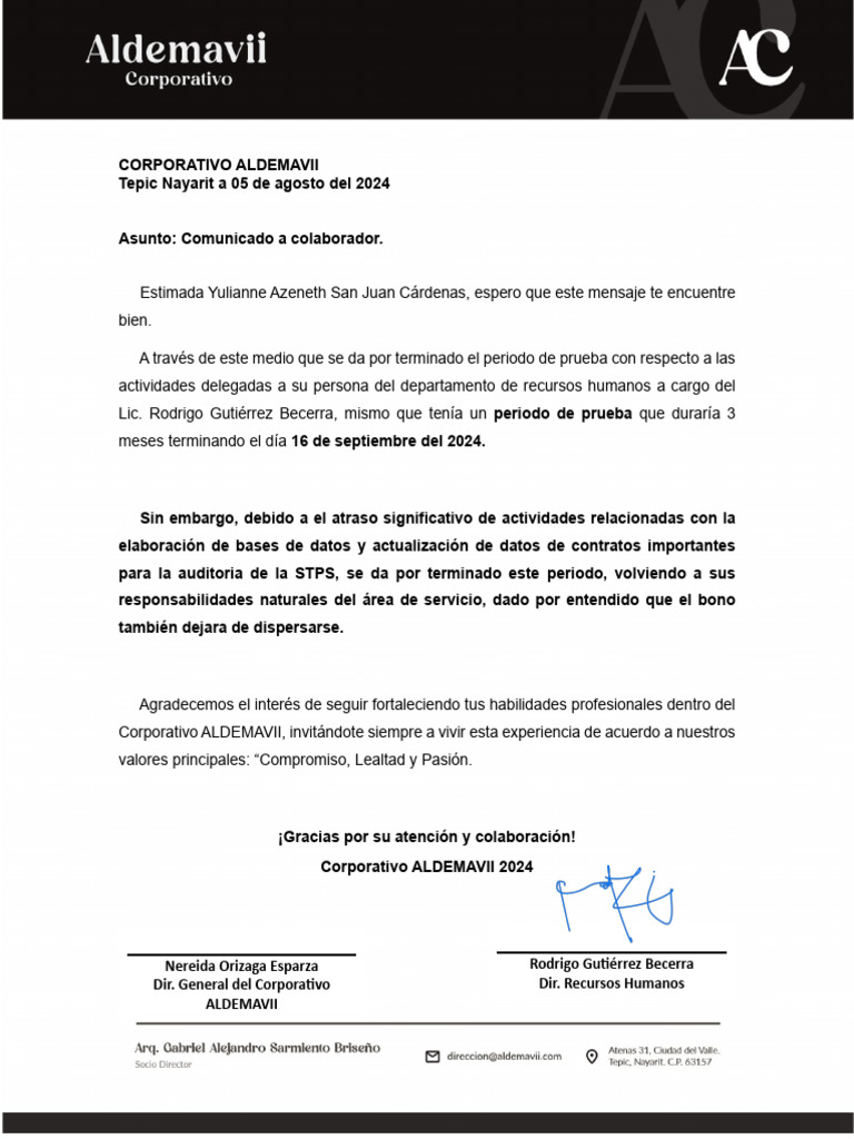 COMUNICADO Resicion RH Yulianne San Juan Cardenas | PDF