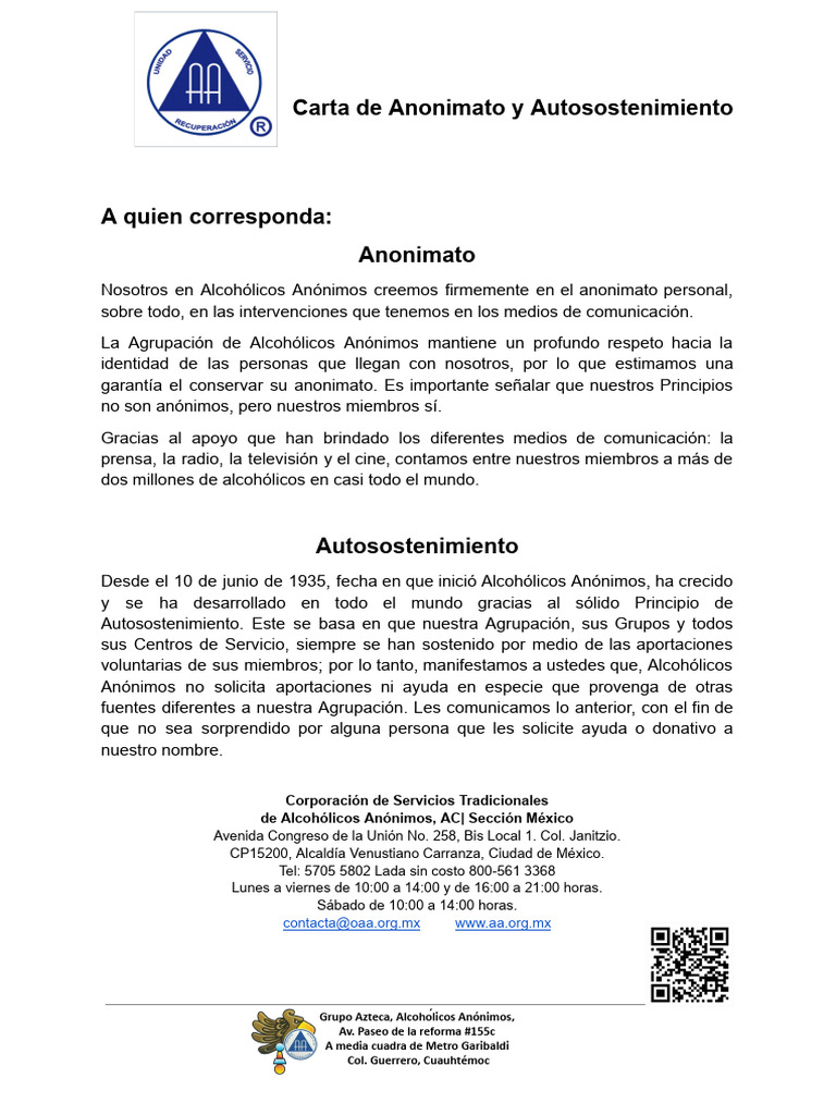 Carta de Anonimato y Autosostenimiento | PDF