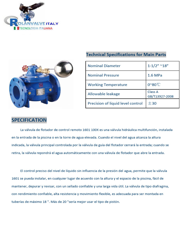 FICHA TECNICA VALVULA FLOTADORA DE CONTROL REMOTO BRIDADA DE HIERRO DUCTIL MARCA ROLANVALVE ...