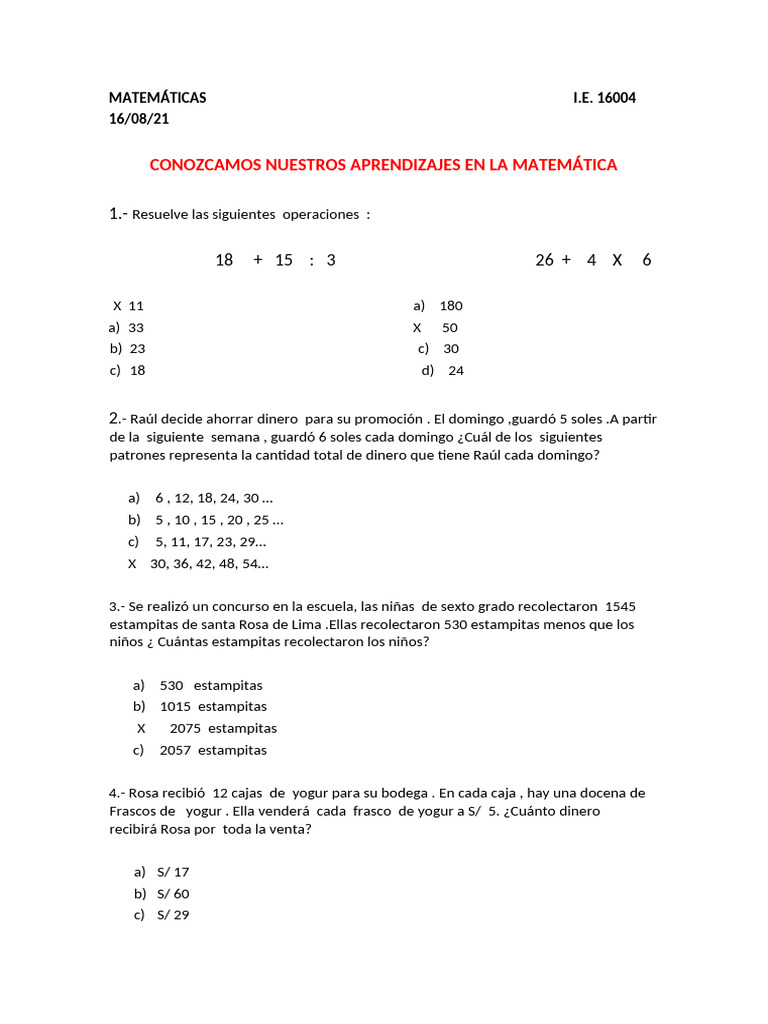 MATEMÁTICAS CONOZCAMOS NUESTROS APRENDIZAJES 6to GRADO I | PDF