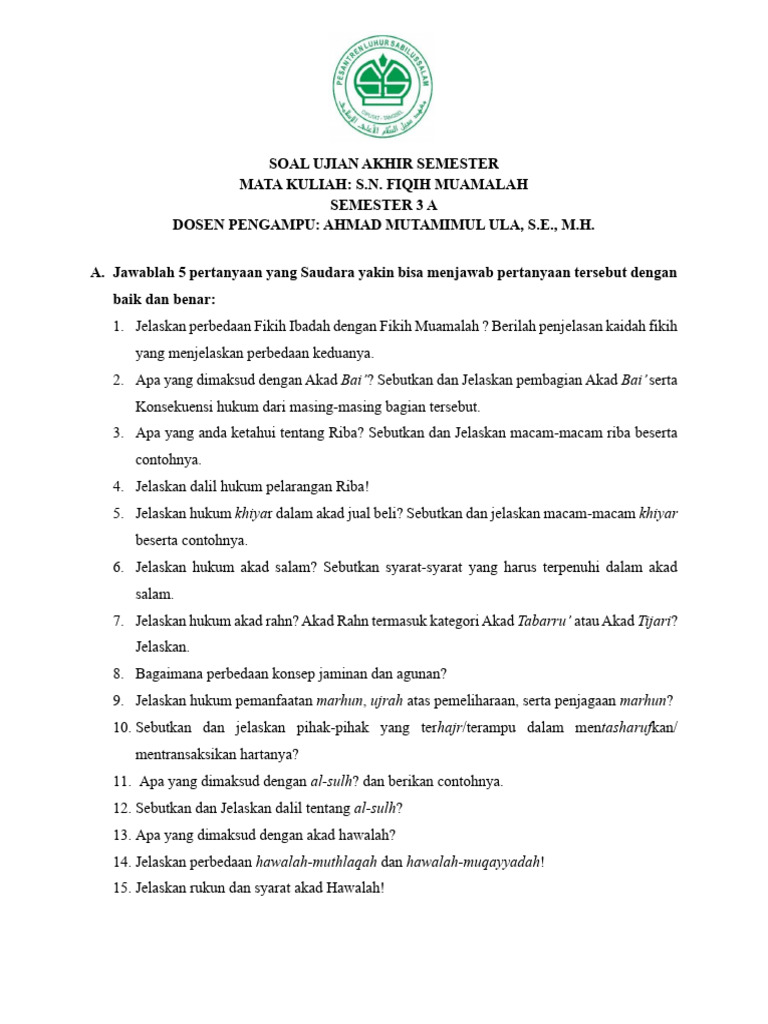 Soal Uas Fiqih Muamalah SMT 3 | PDF