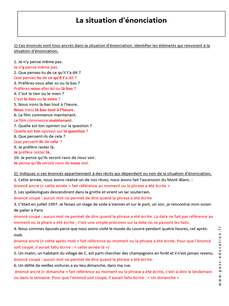 Exercices sur la situation d'énonciation | PDF | Phrase