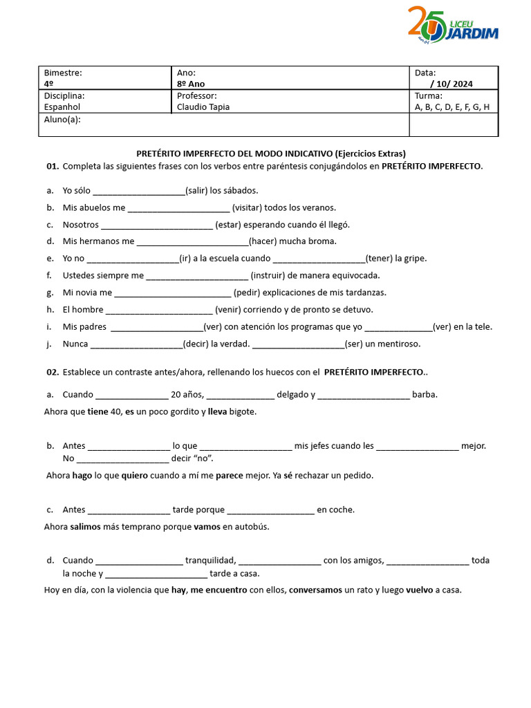 Ejercicios Extras (Pretérito Imperfecto de Indicativo) | PDF