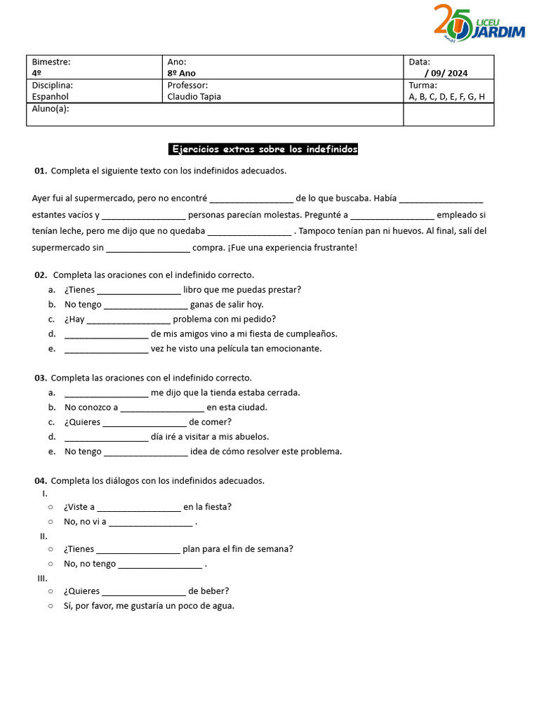 Ejercicios Extras (Los Indefinidos) 2 | PDF