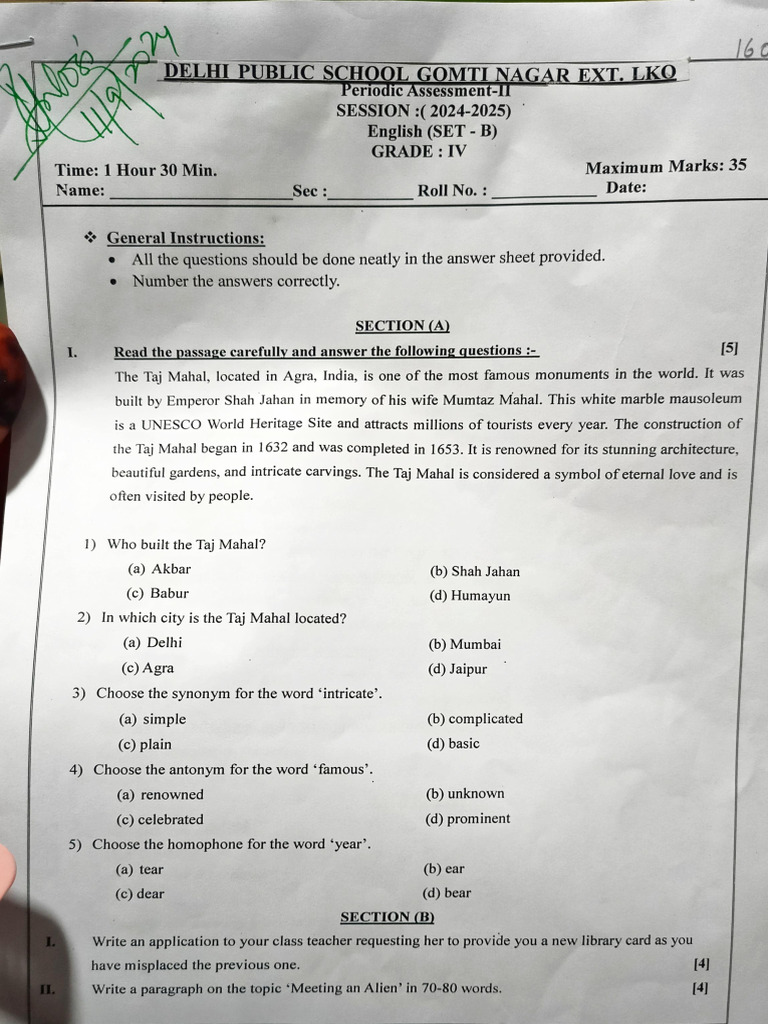 English Sample Paper Set 3 P.A.2 Grade 4 | PDF