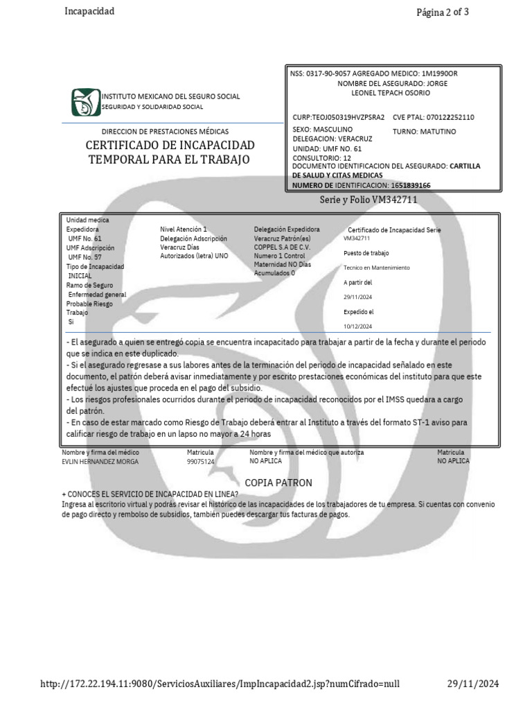 Certificado de Incapacidad IMSS Jorge Tepach | PDF