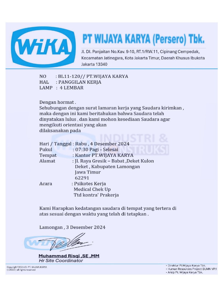 PANGGILAN KERJA PT - WIJAYA KARYA TBK | PDF