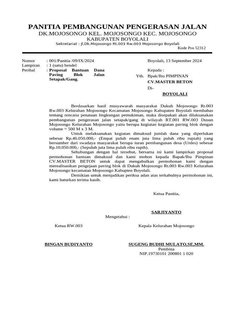 Proposal Bantuan Paving Blok Jalan Gang | PDF
