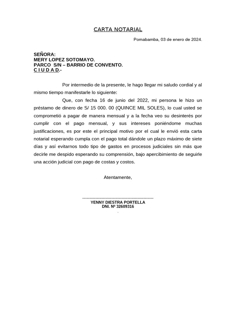 CARTA NOTARIAL PAGO DE PRESTAMO | PDF