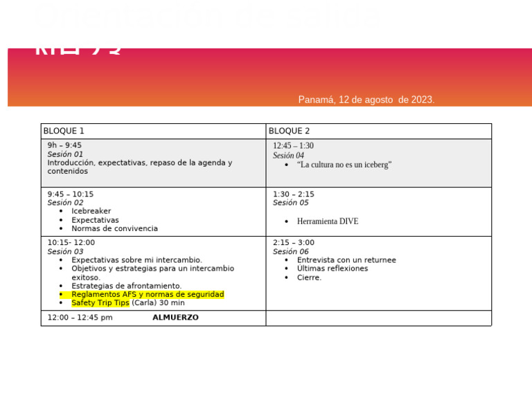 Agenda Orientación Salida NH23 | PDF