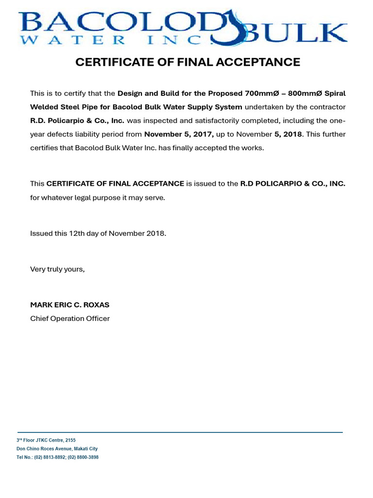 Certificate of Final Acceptance - 009cce8e 38fd 42cf 9b2f 5db943942b13 ...