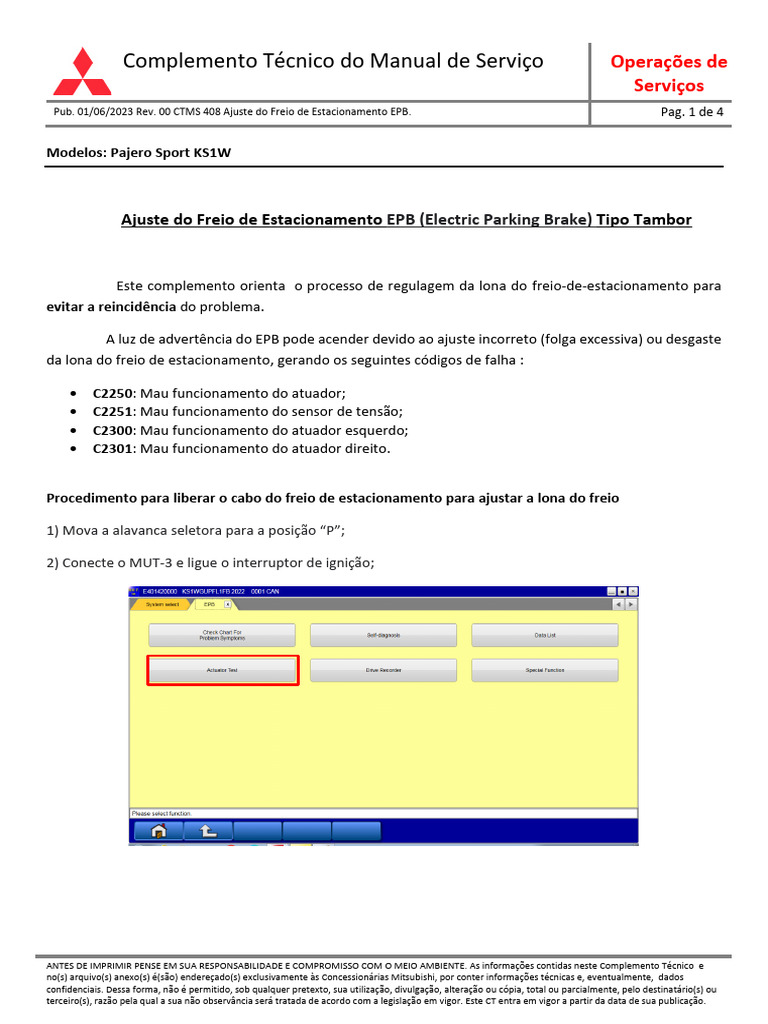 CTMS 408 - Ajuste Do Freio de Estacionamento EPB - Pajero Sport | PDF