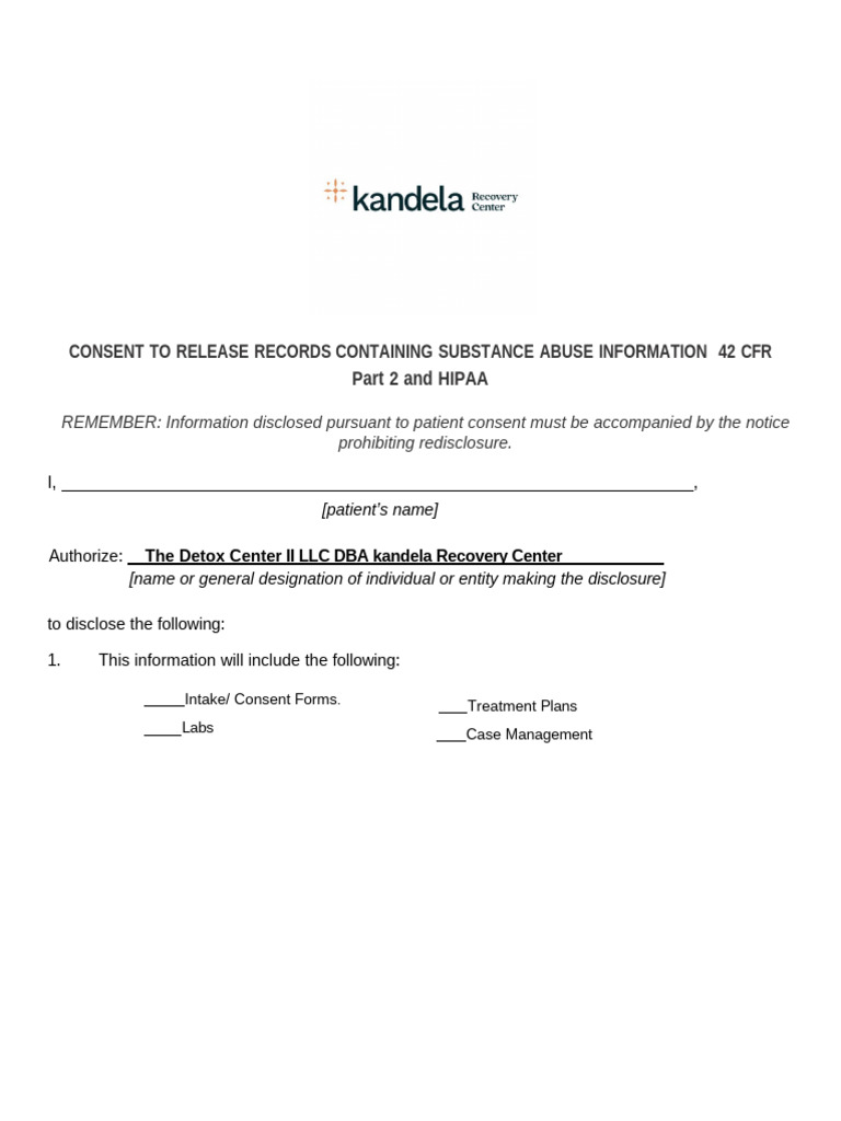 Kandela Recovery Center CFR 42 Consent To Release Records | PDF ...