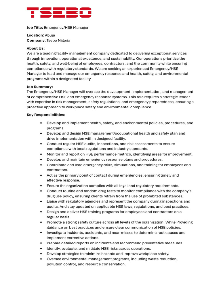 JD_HSE Manager | PDF | Occupational Safety And Health | Regulatory ...