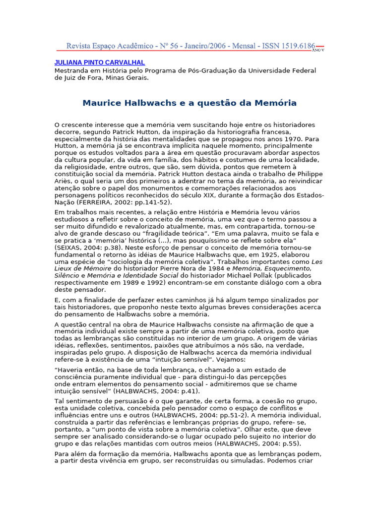 Halbwachs e a Memória Coletiva na História | PDF | Memória | Pensamento