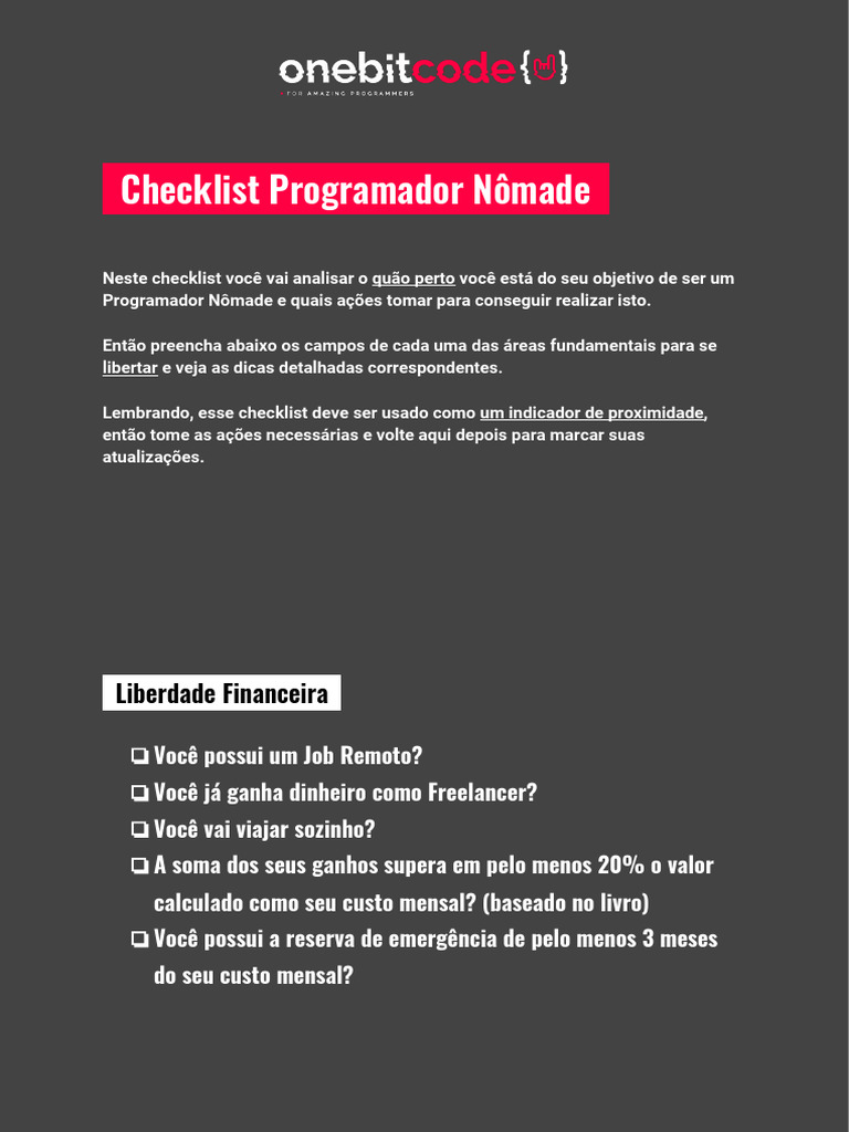 [BÔNUS 1] Checklist Programador Nômade (1) | PDF | Ansiedade | Família