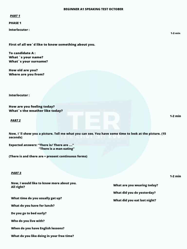 Beginner A1 Speaking Test Guide | PDF