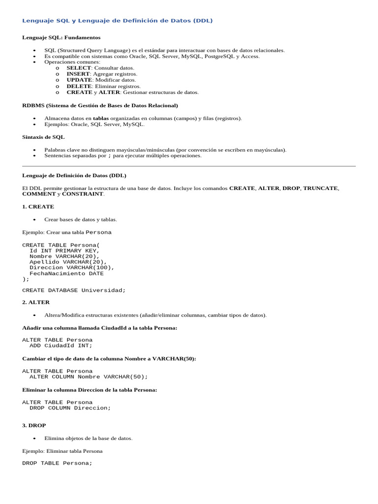 Guía SQL: DDL y DML Esenciales | PDF | SQL | Gestión de tecnología de la información
