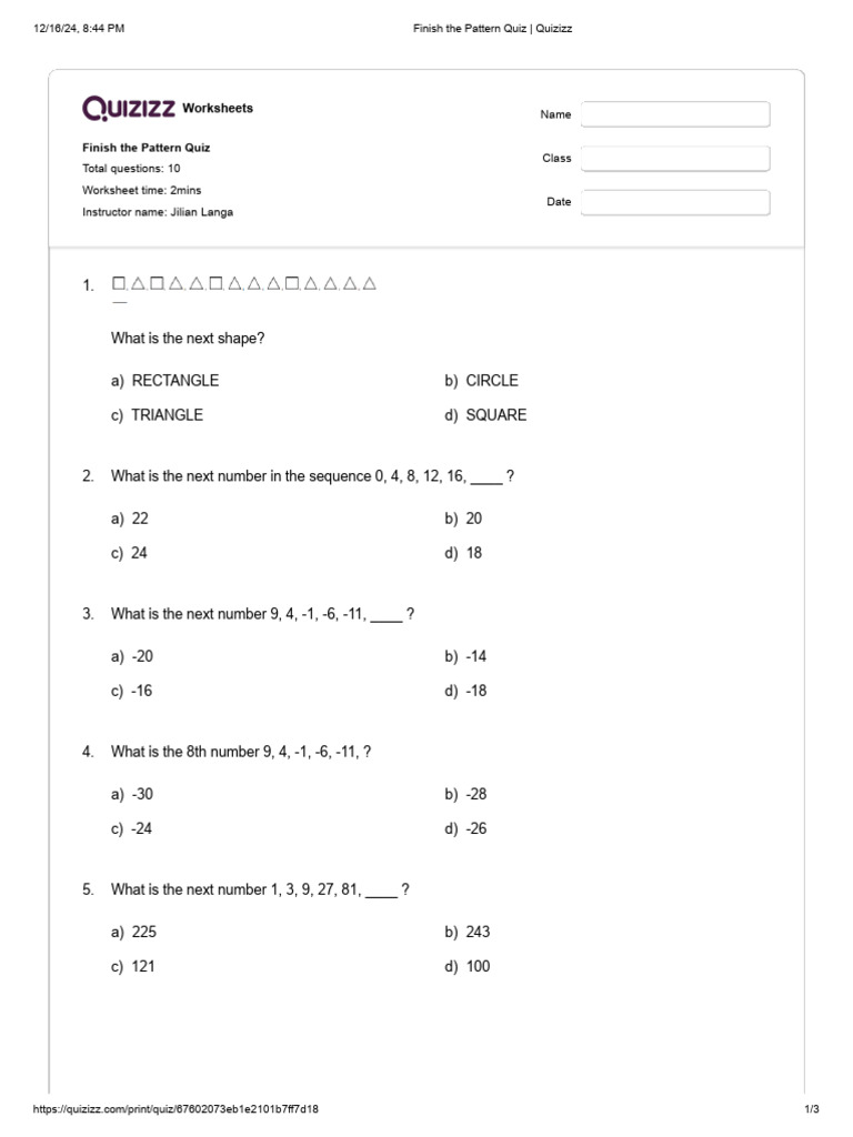 Finish The Pattern Quiz - Quizizz | PDF | Triangle | Euclidean Plane ...
