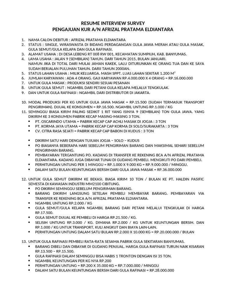Resume Interview Survey Pengajuan Kredit Afrizal | PDF