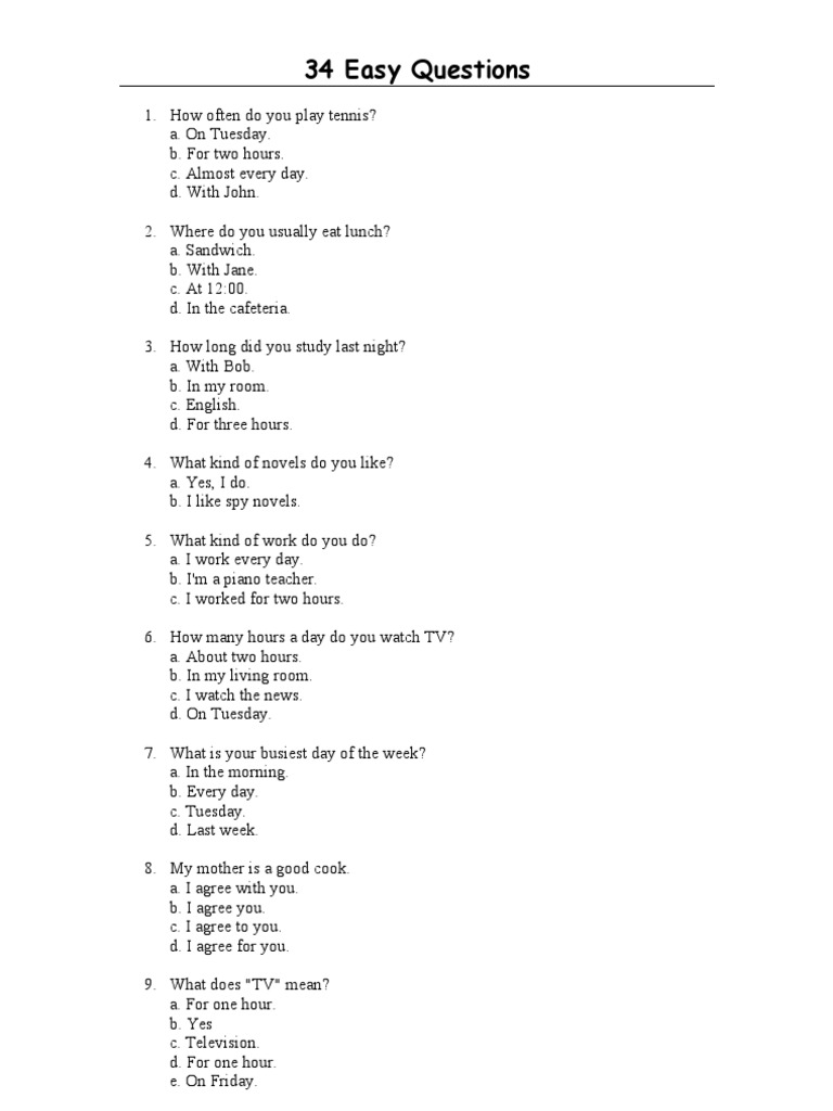 34 Easy Questions | PDF | Language Arts & Discipline