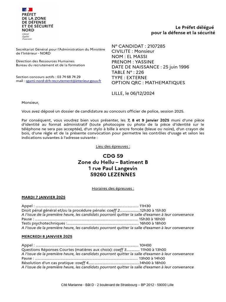 Convocation Concours Police 2025 | PDF | Crayon | Calculatrice