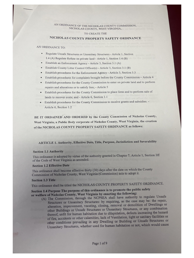 Nicholas County Ordinance | PDF