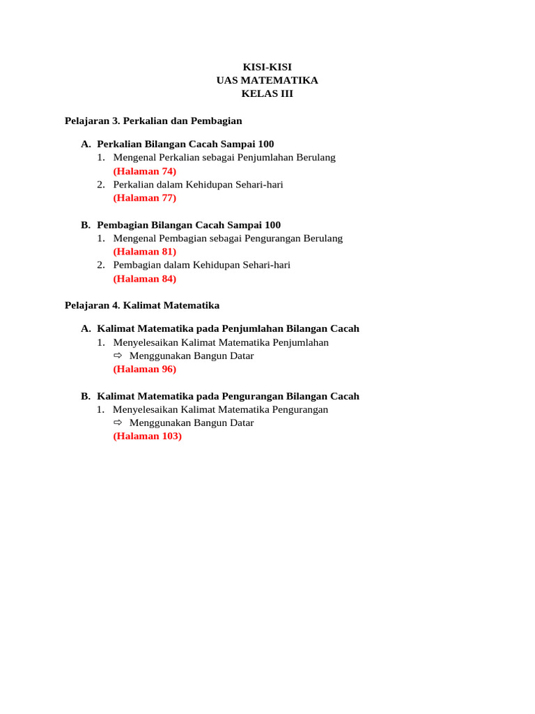 Kisi-Kisi Uas Matematika Kelas III Umi Fitri | PDF