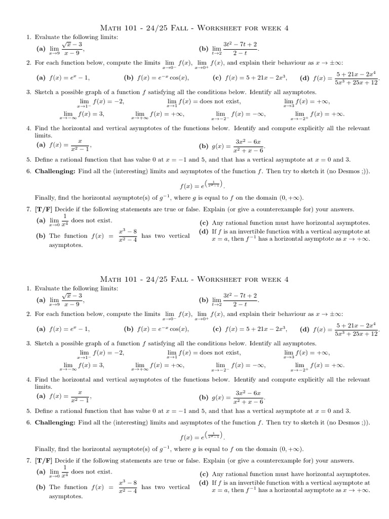 ws04 | PDF | Asymptote | Function (Mathematics)