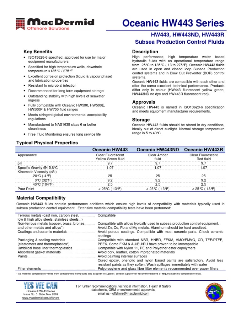 Oceanic HW443 Series Fluid Overview | PDF | Viscosity | Materials Science