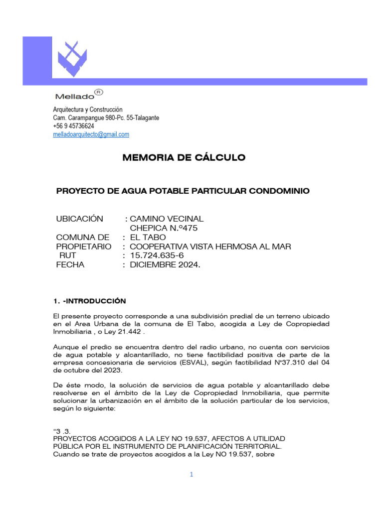 Memoria de Cálculo Proyecto de Agua Potable | PDF | Condominio | Agua
