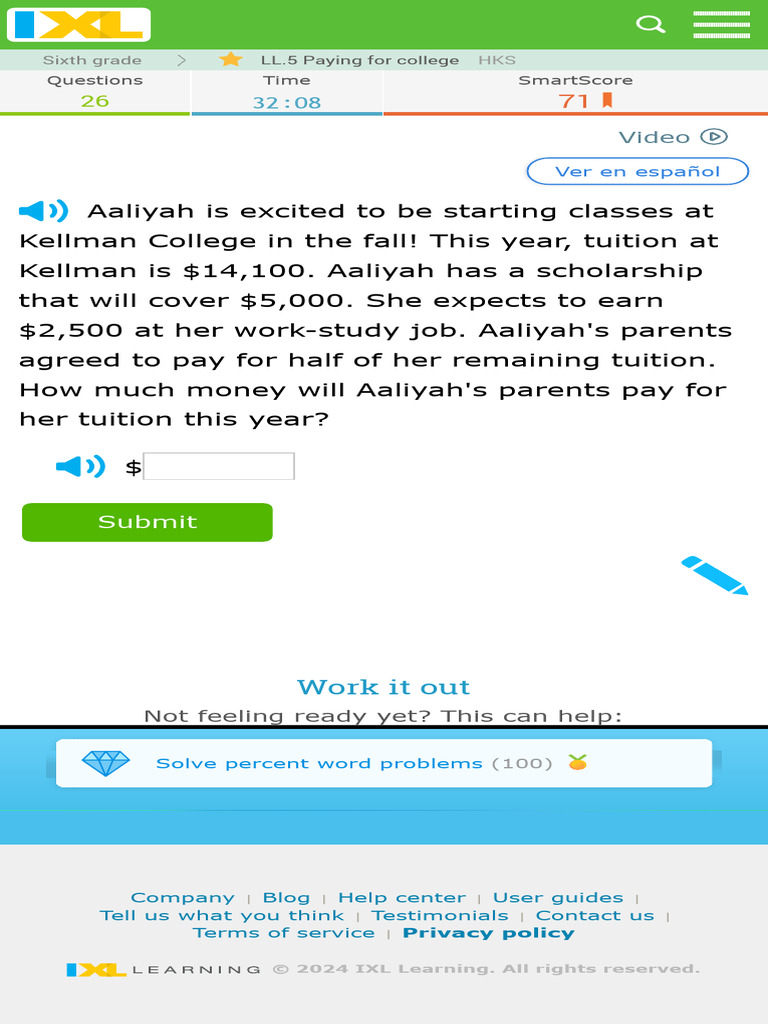 IXL Paying for college 6th grade math | PDF