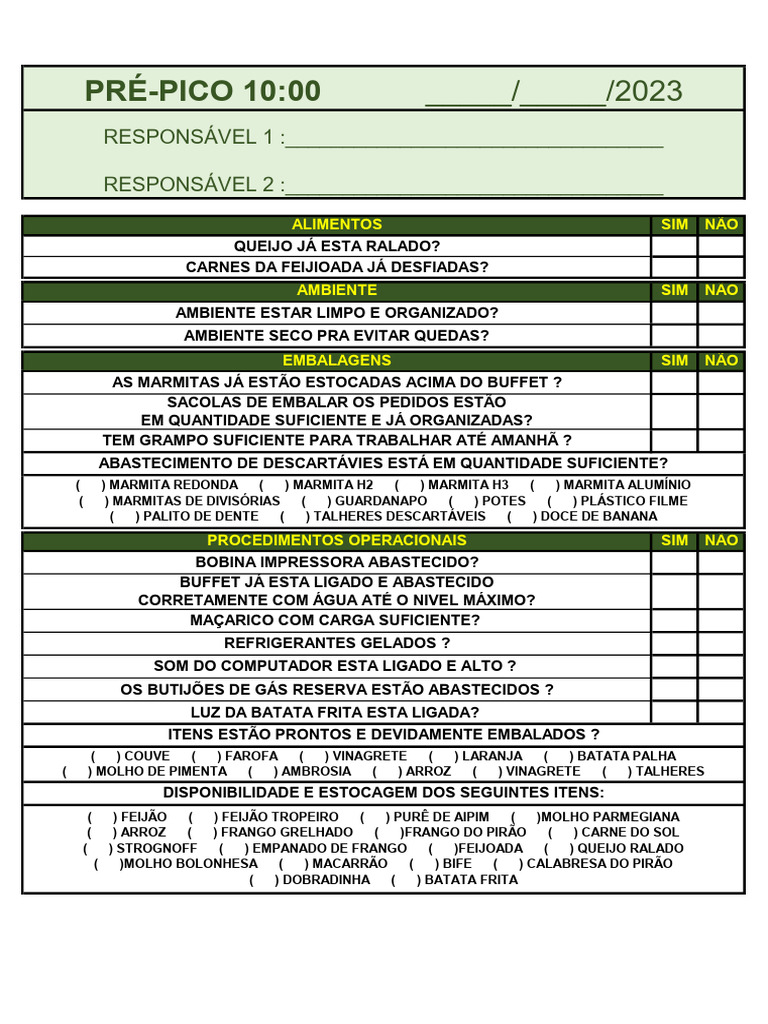 CHECKLIST PRÉ PICO | PDF | Culinária europeia | Preparação de alimentos ...