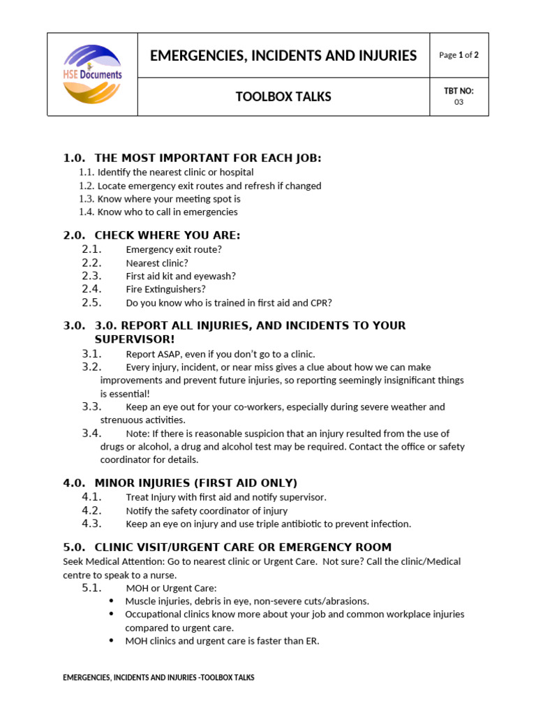 Emergencies, Incidents and Injuries-Toolbox Talks | PDF | Clinic | First Aid