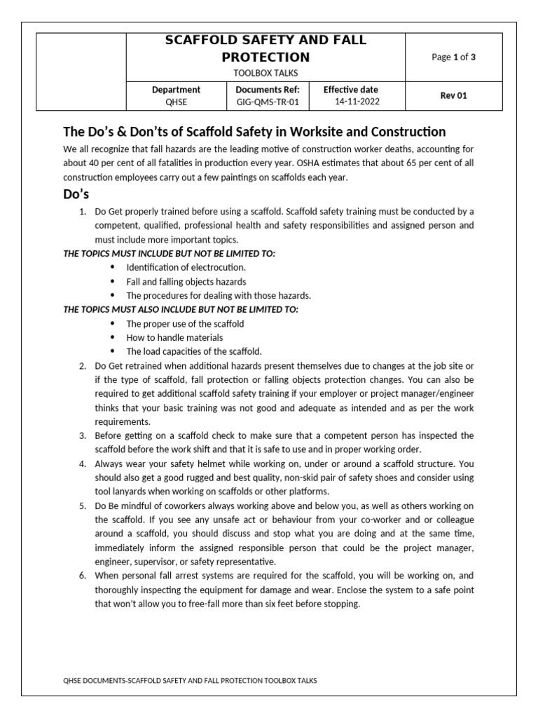 Qhse Documents-Scaffold Safety and Fall Protection Toolbox Talks | PDF ...