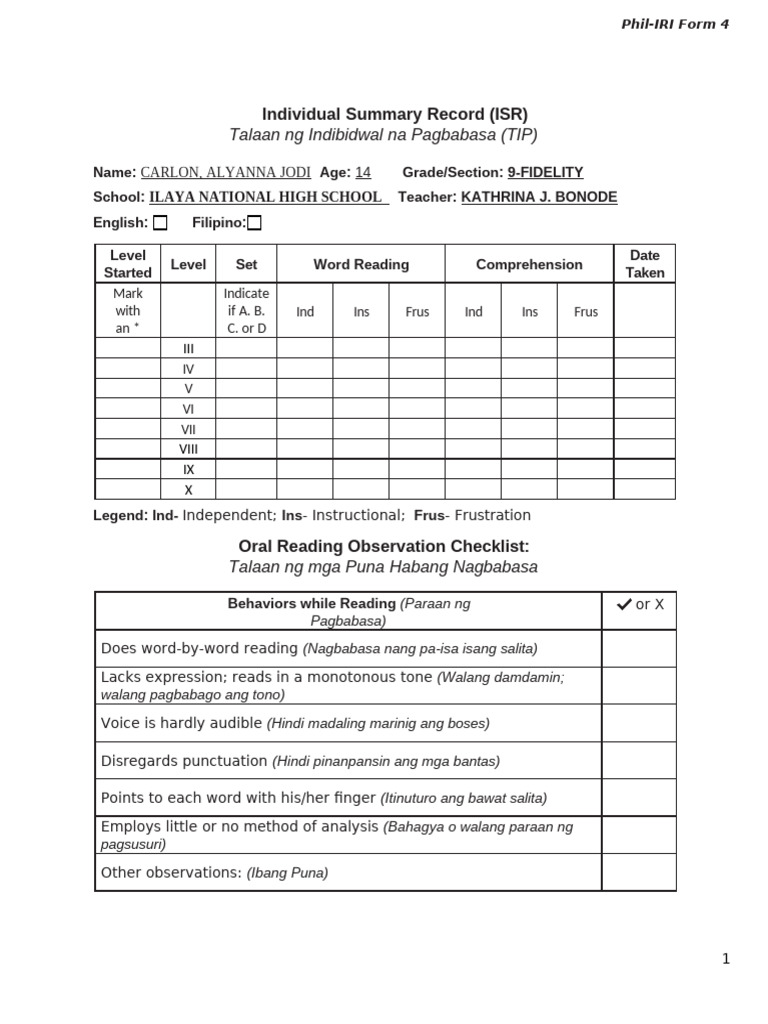 Phil-IRI Individual Summary Record | PDF