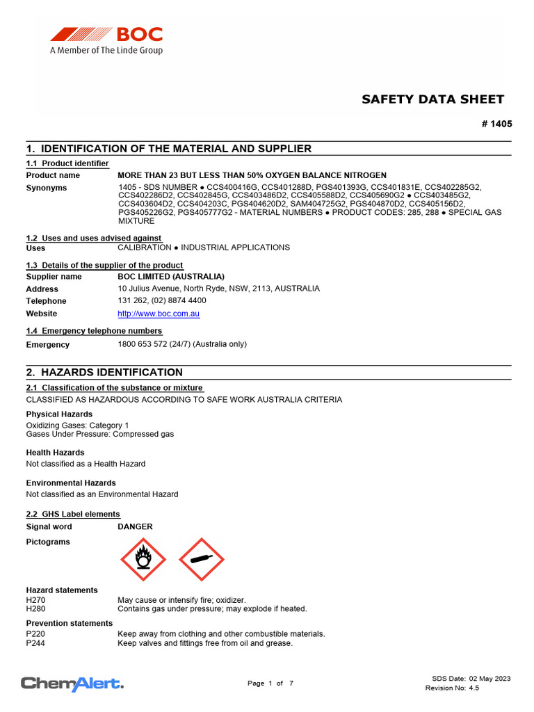 NOS Gas Mixture O2 26%, N2 Balance BOC SDS - May - 2023 | PDF ...
