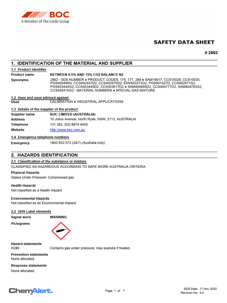 NOS Gas Mixture CO2 5%, N2 Balance BOC SDS - Nov - 2022 | PDF ...