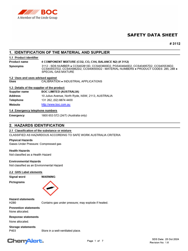 NOS Gas Mixture CO 0.15%, CH4 2%, CO2 10%, N2 Balance BOC SDS - OCT - 2024 | PDF | Carbon ...
