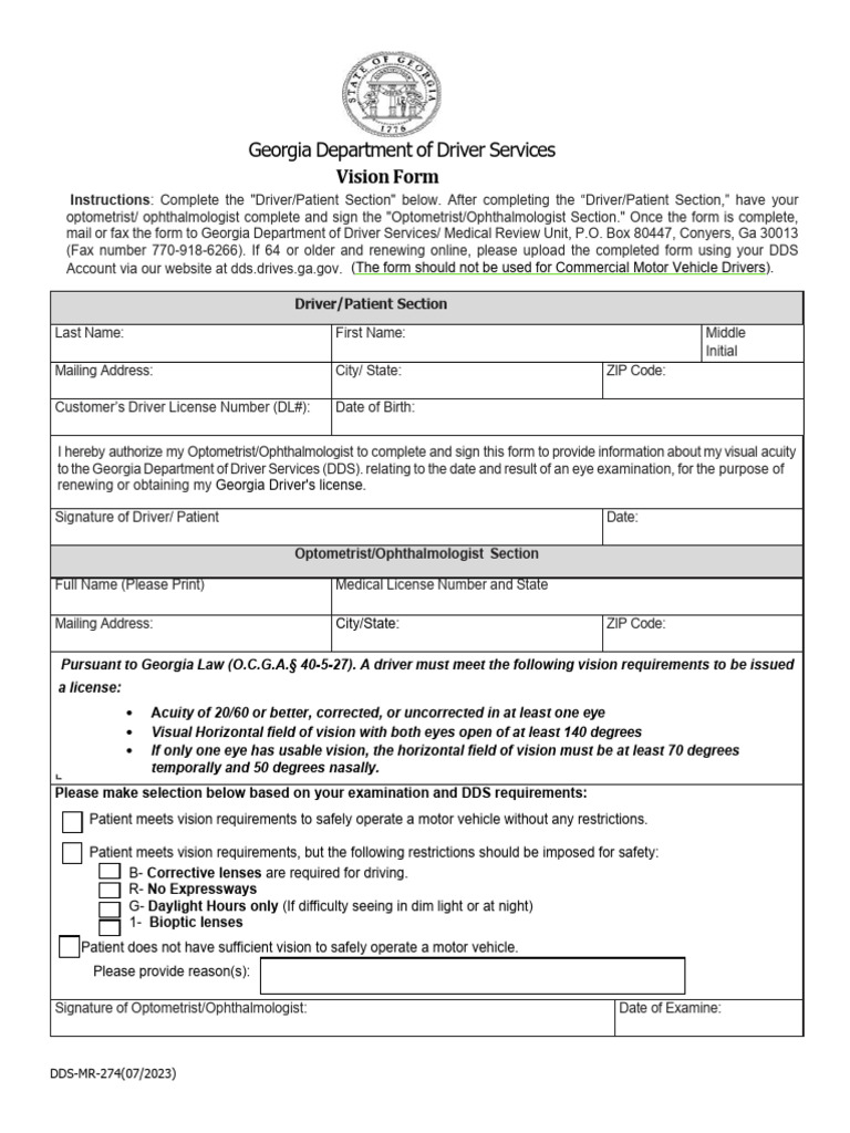 Georgia DDS Vision Form Instructions | PDF | Optometry | Eye