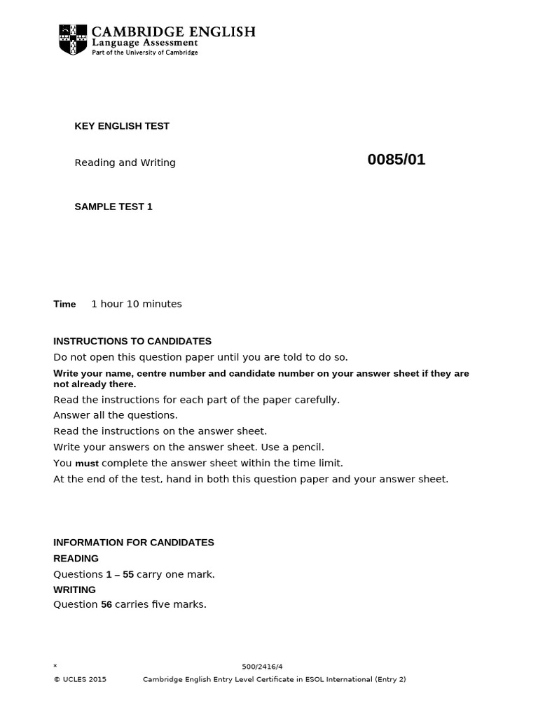KET Reading and Writing Sample Test | PDF