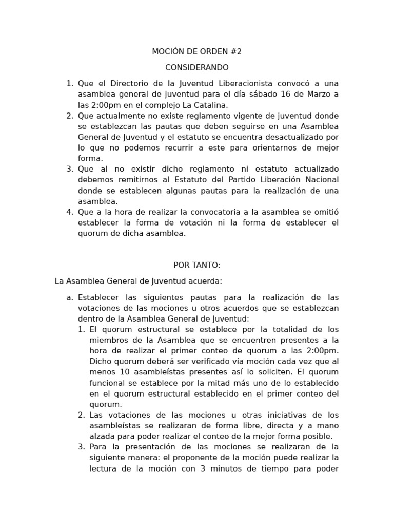 MOCIÓN DE ORDEN #2 Del Quorum y de La Forma de Votacion | PDF