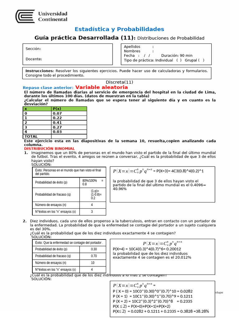 Guia de Práctica desarrollada distribución Binomial y poisson (semana11) | PDF | Distribución de ...