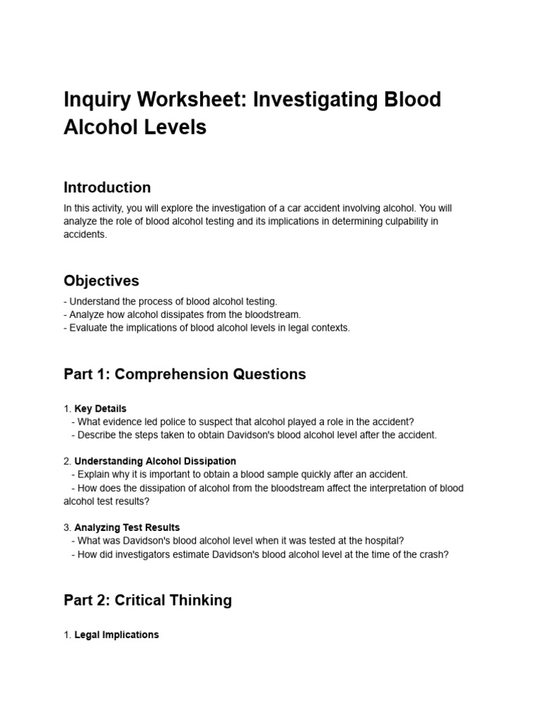 Inquiry Worksheet - Investigating Blood Alcohol Levels | PDF