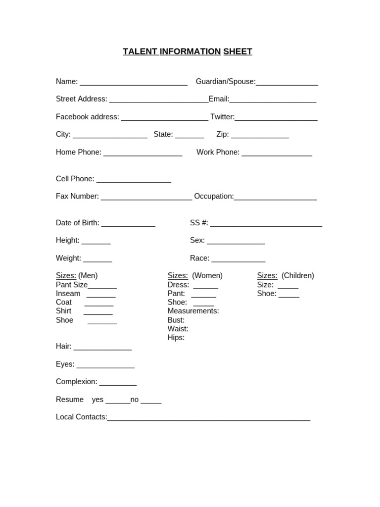 Talent Information Sheet 2024 | PDF